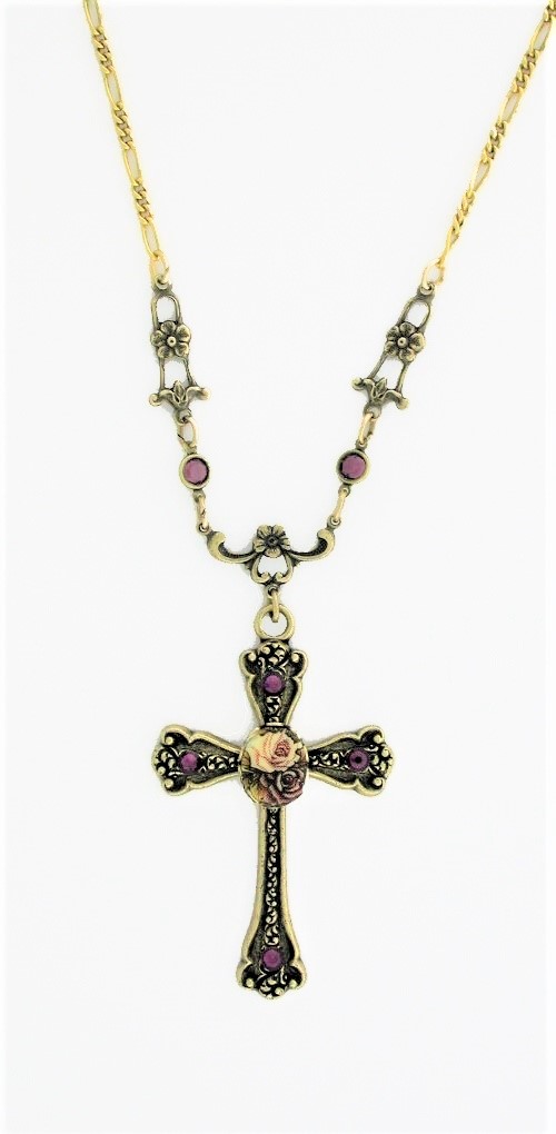 1928 Victorian Style Cross Necklace - Porcelain Flowers ...
